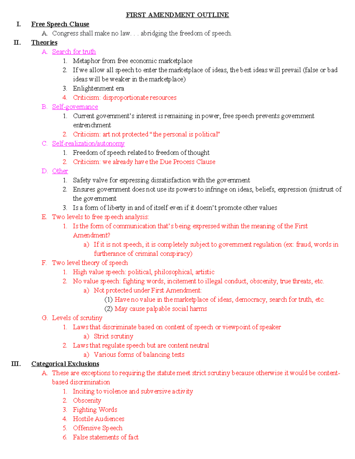 First Amendment Outline Chen23 - FIRST AMENDMENT OUTLINE I. Free Speech ...