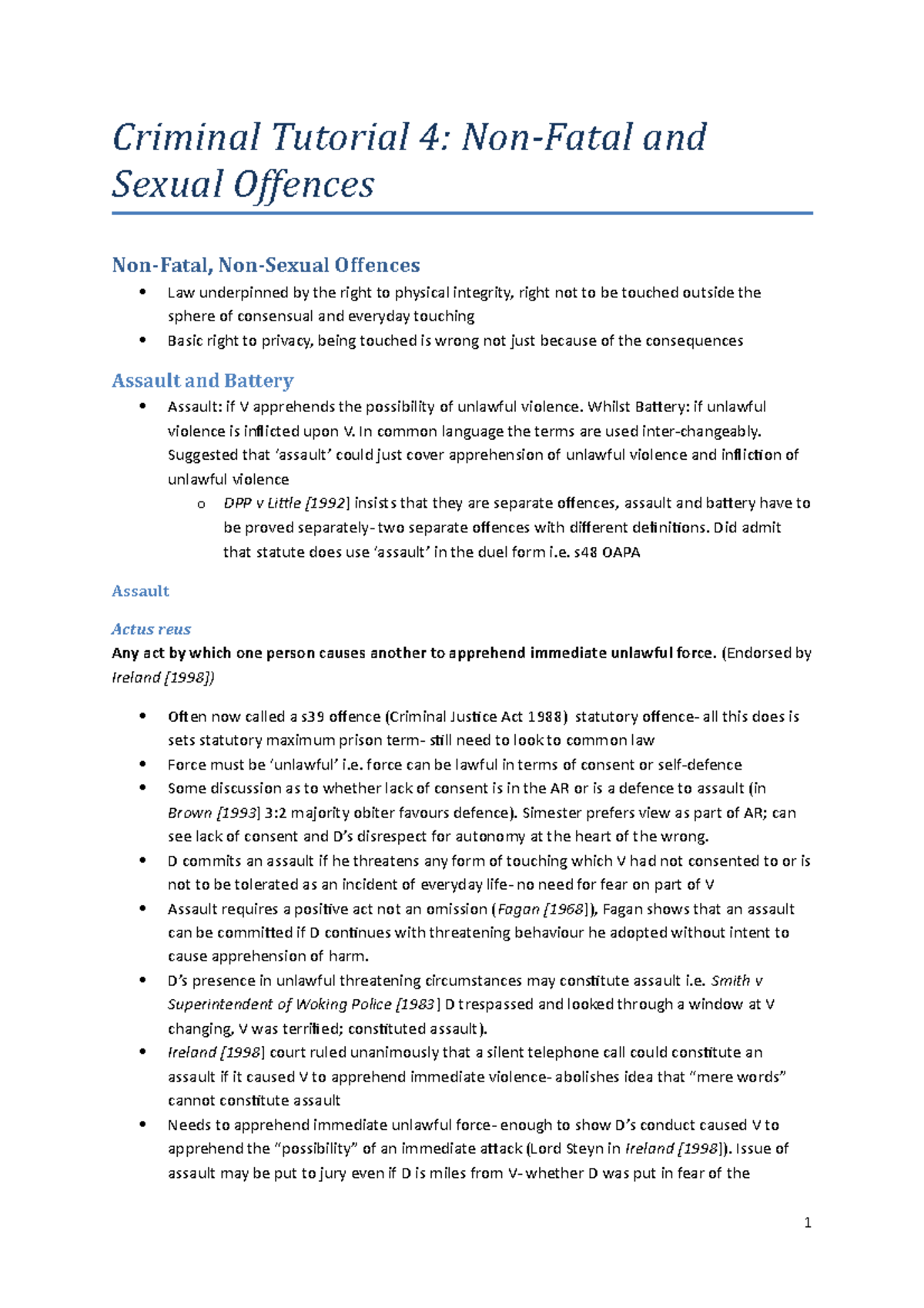 Non fatal and sexual offences - Criminal Tutorial 4: Non-Fatal and ...