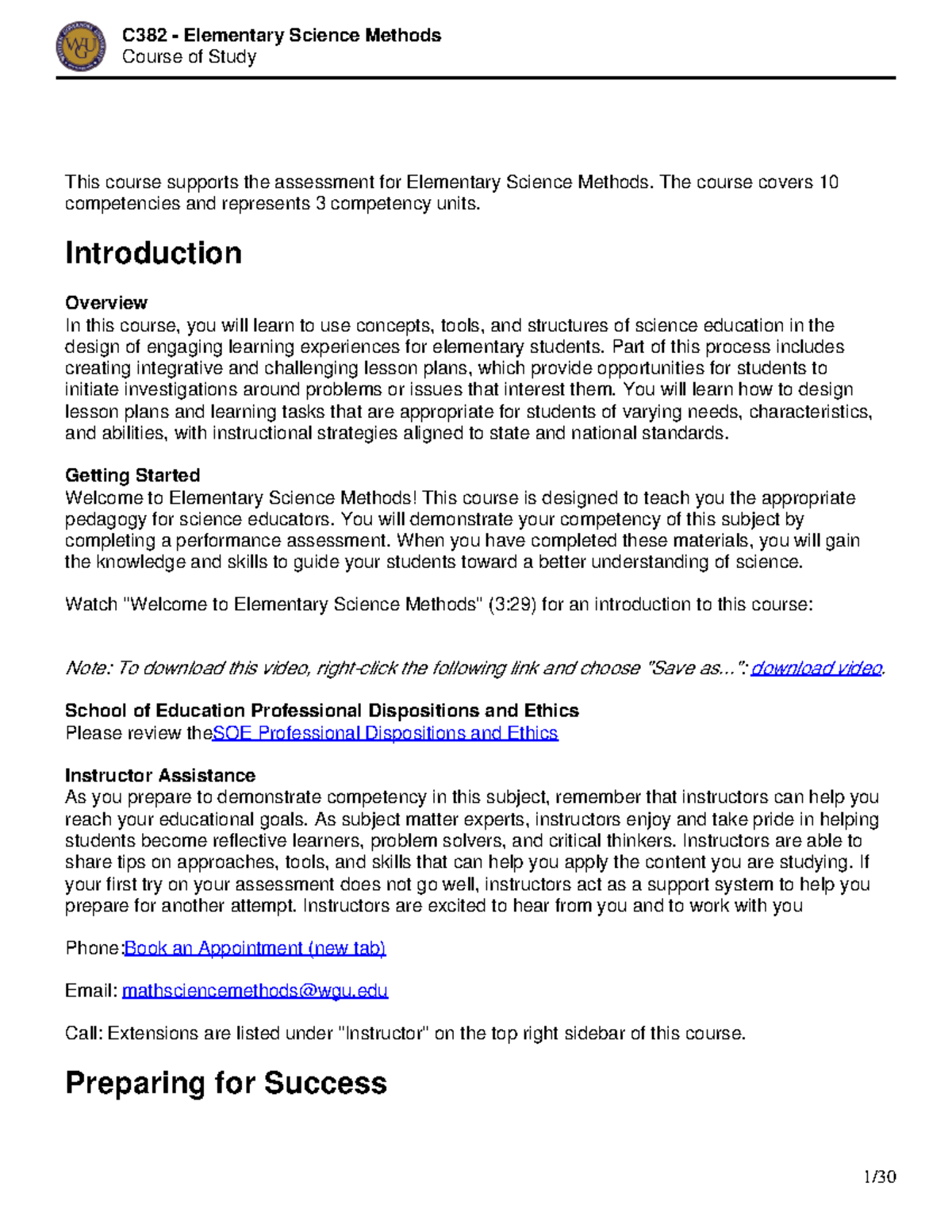 C382 Elementary Science Methods Course - Course of Study This course ...
