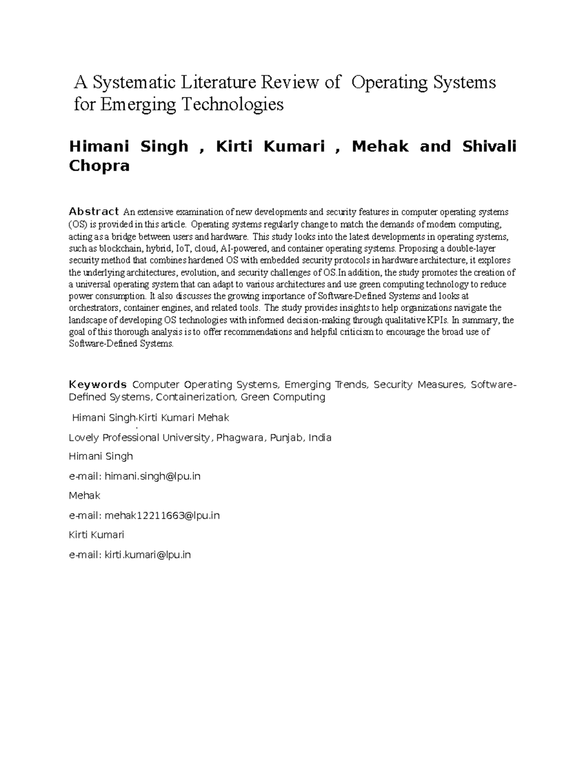 Os paper - · · · A Systematic Literature Review of Operating Systems for Emerging Technologies ...