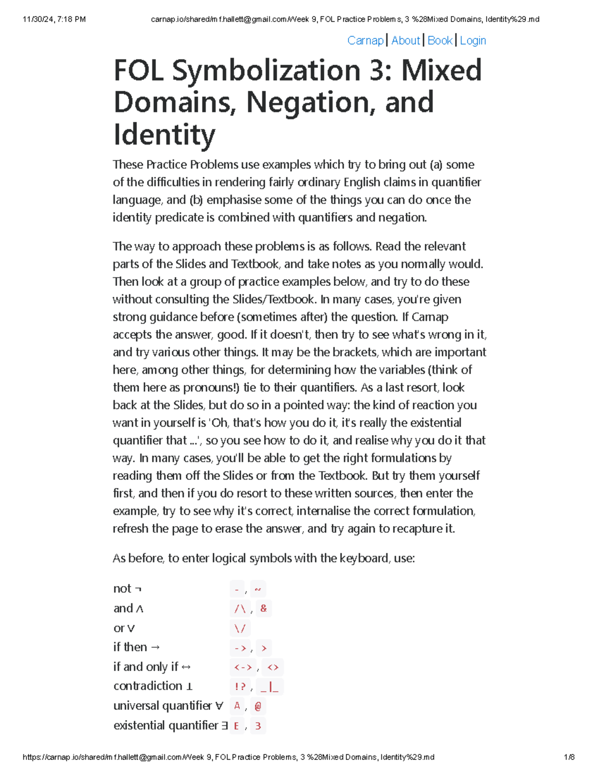 Canap Week 9Pt3 - Week 9, Part 3 Answers - Carnap About Book Login FOL ...
