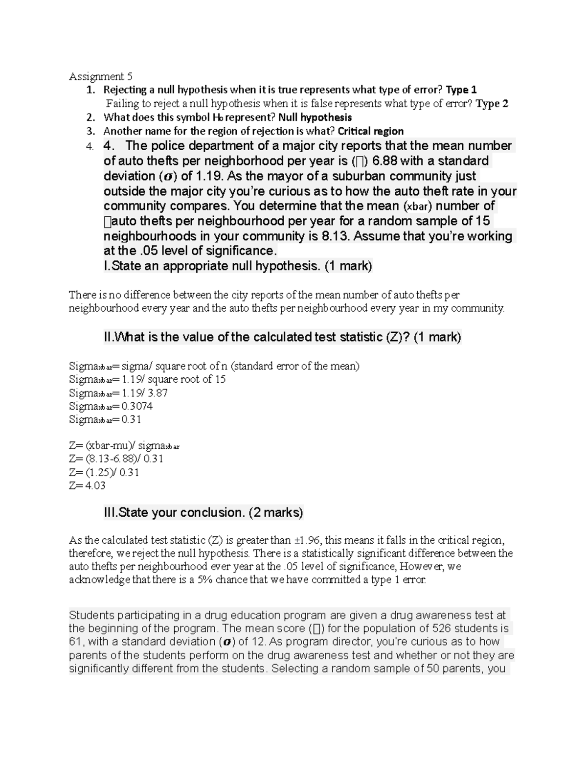 Assignment 5 - major paper - Assignment 5 1. Rejecting a null ...