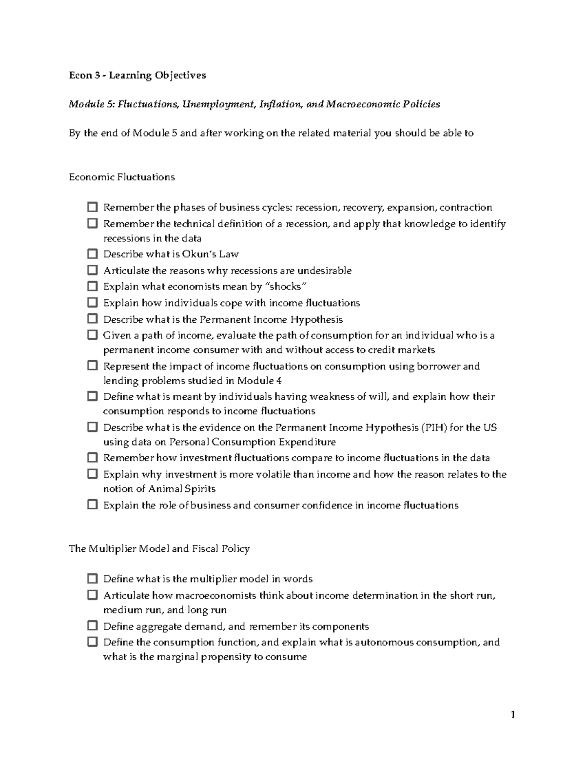 Econ 3 - Module 5 Learning Objectives - Econ 3 - Learning Objectives Module 5: Fluctuations ...