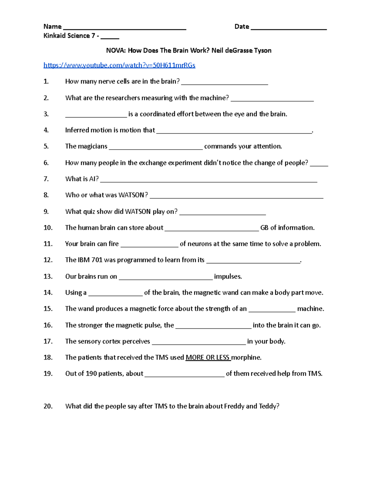 Handout - NOVA How Does the Brain Work Questions - Name