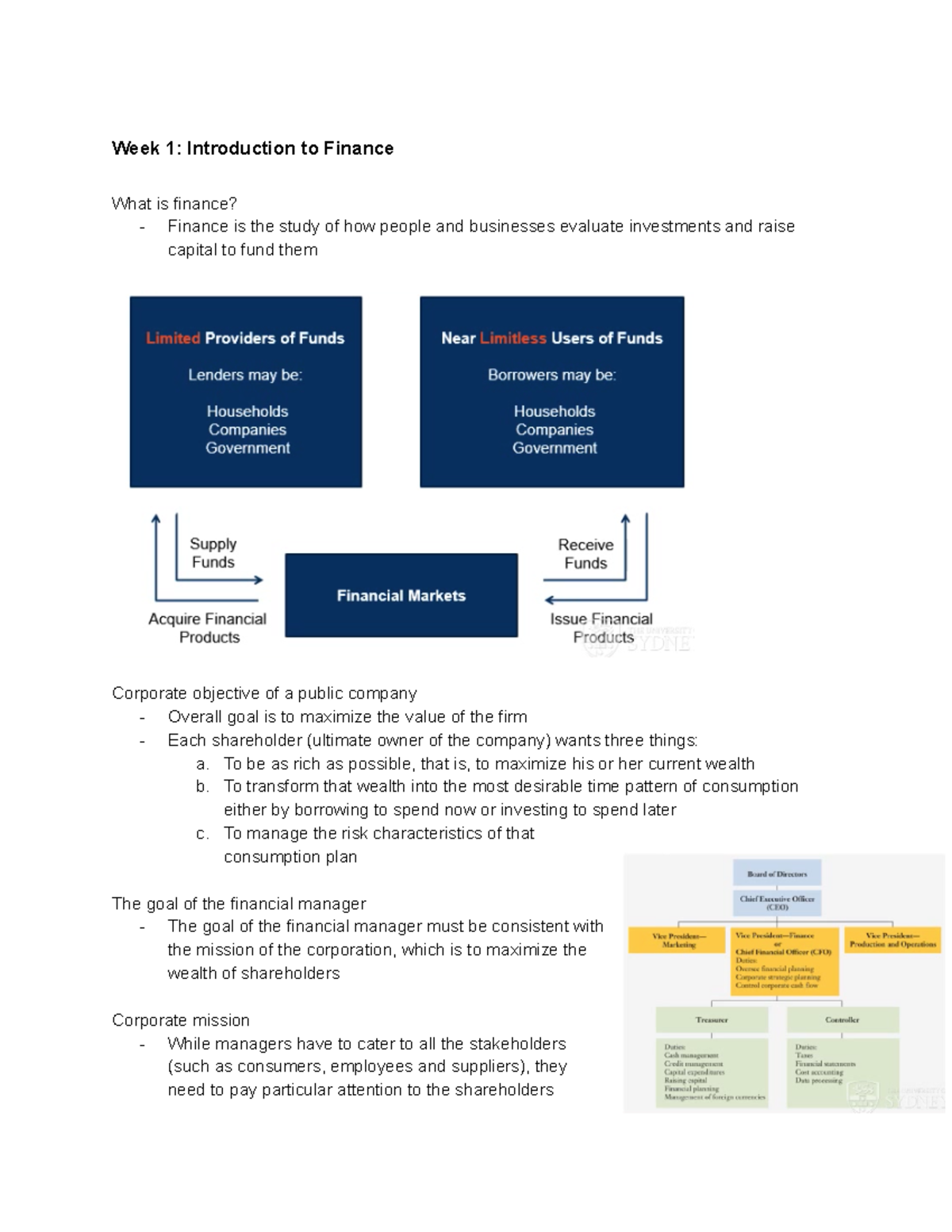 FINC2011 Notes year 2020-2021 weeks 1-13 - Week 1: Introduction to ...