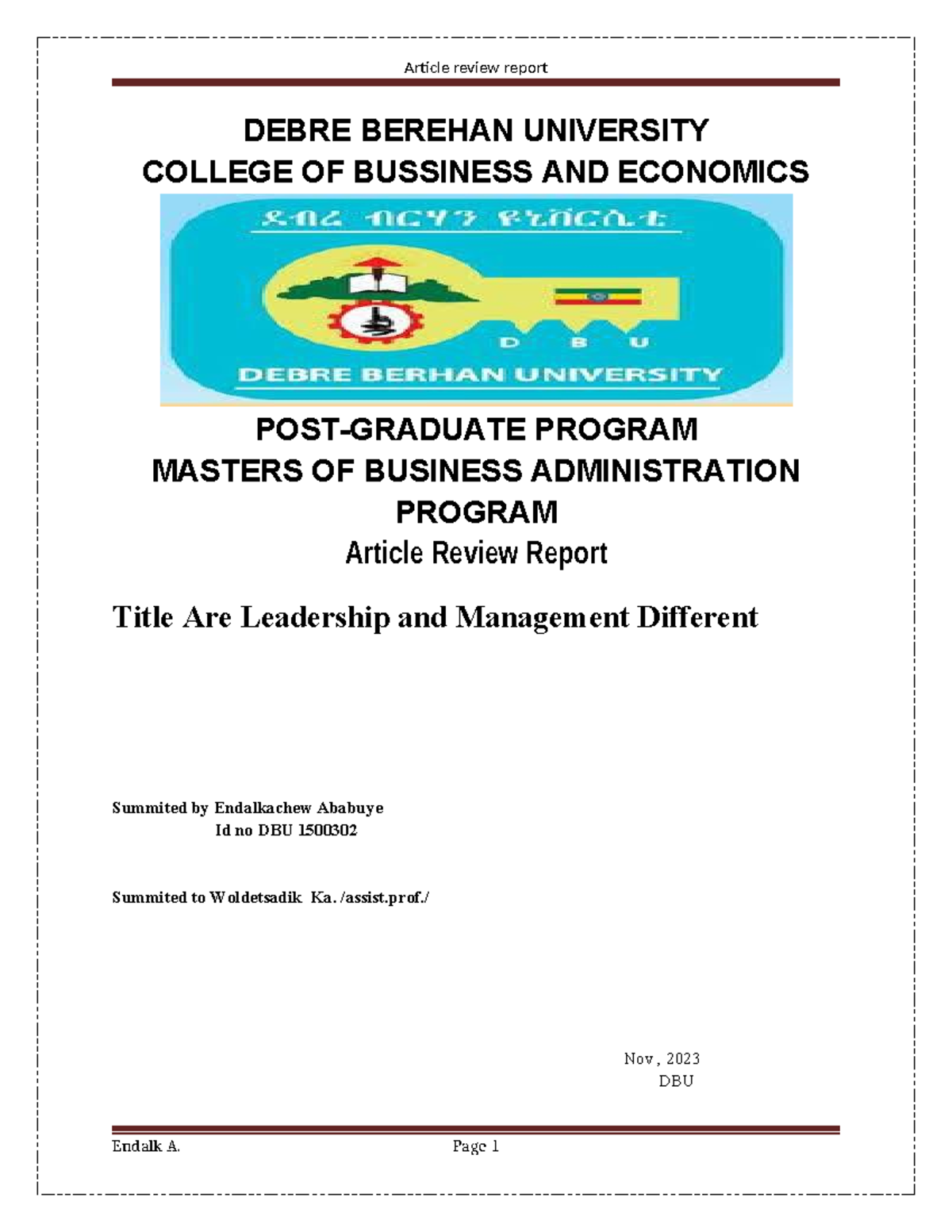 Organizational Review Report - DEBRE BEREHAN UNIVERSITY COLLEGE OF ...