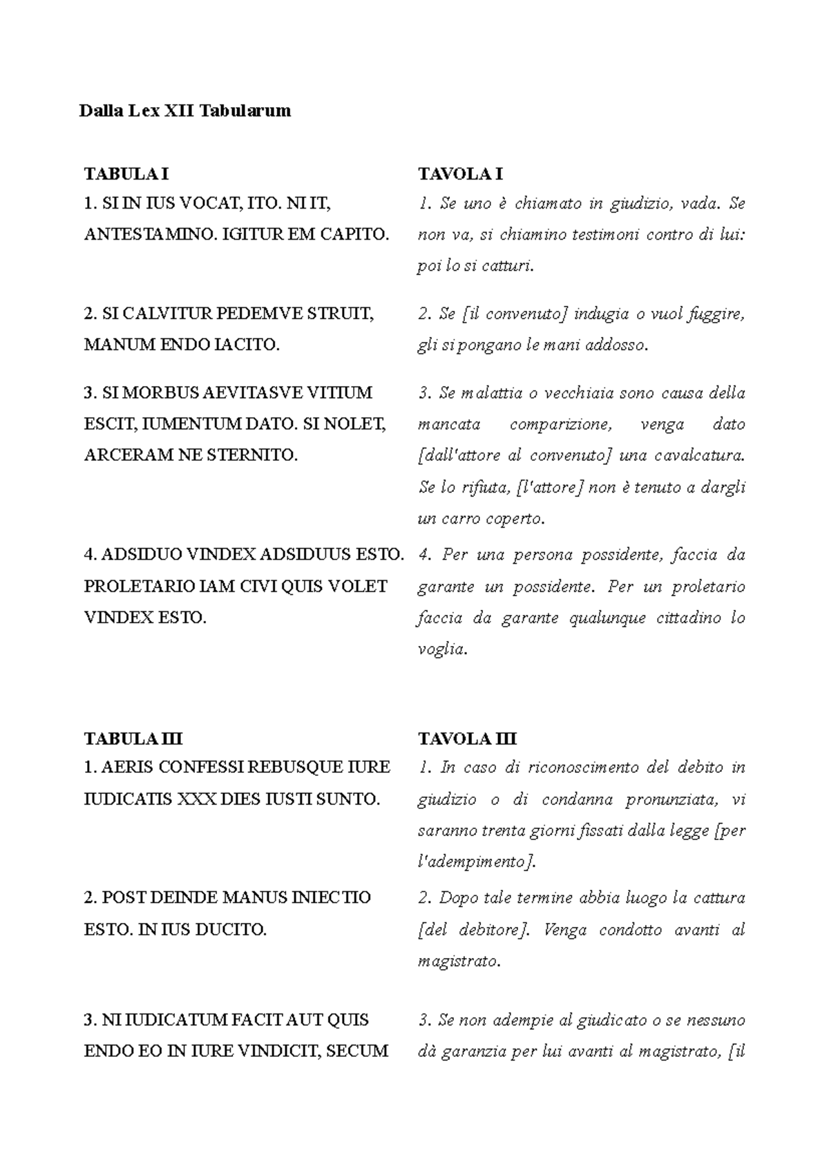 Legge XII tavole-esempi - Dalla Lex XII Tabularum TABULA I TAVOLA I 1 ...