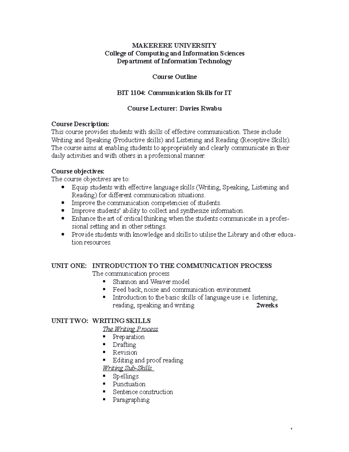 BIT 1104 Communication Skills for IT Course Outline - MAKERERE ...