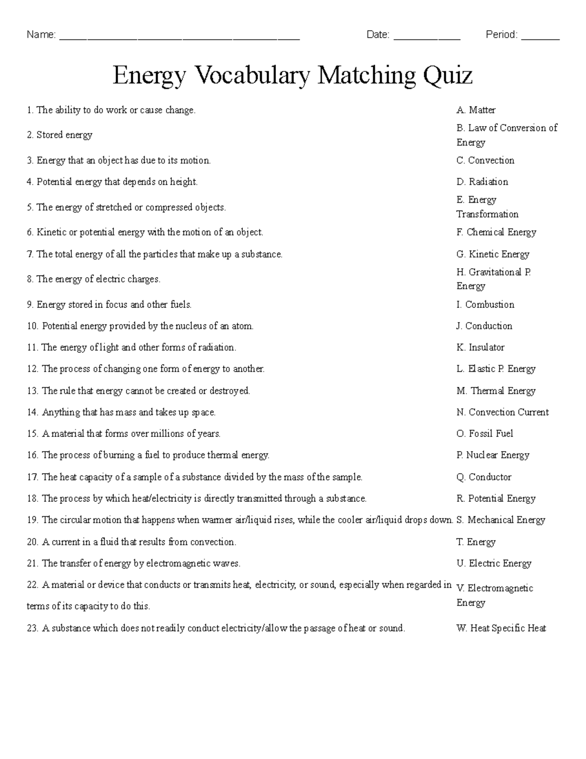 Energy Vocabulary Matching Quiz 1bec7a 61630446 - Name