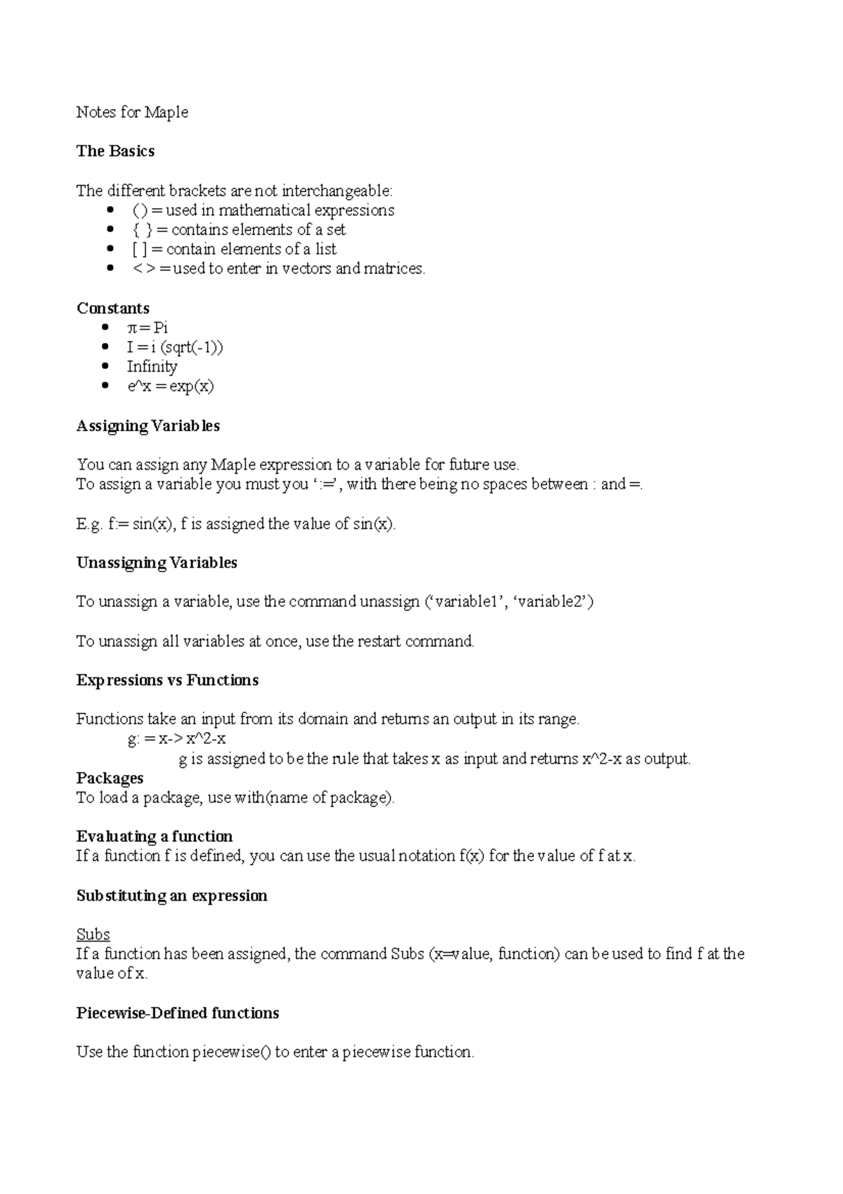 Notes for the functions of Maple - Notes for Maple The Basics The ...