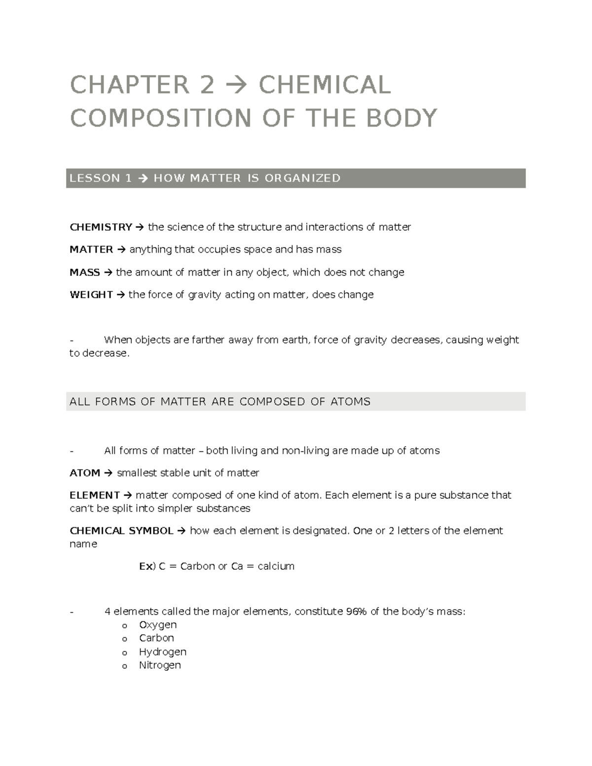 Chapter 2 Notes - CHAPTER 2 CHEMICAL COMPOSITION OF THE BODY LESSON 1 ...