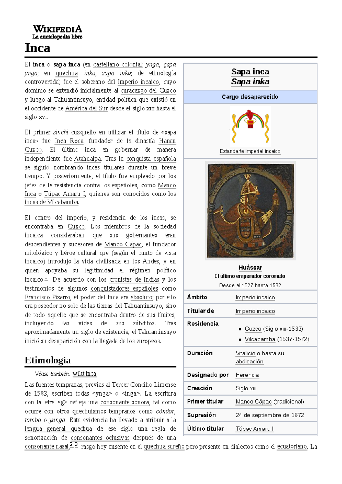 Inca - Resumen comunicacion - Sapa inca Sapa inka Cargo desaparecido ...