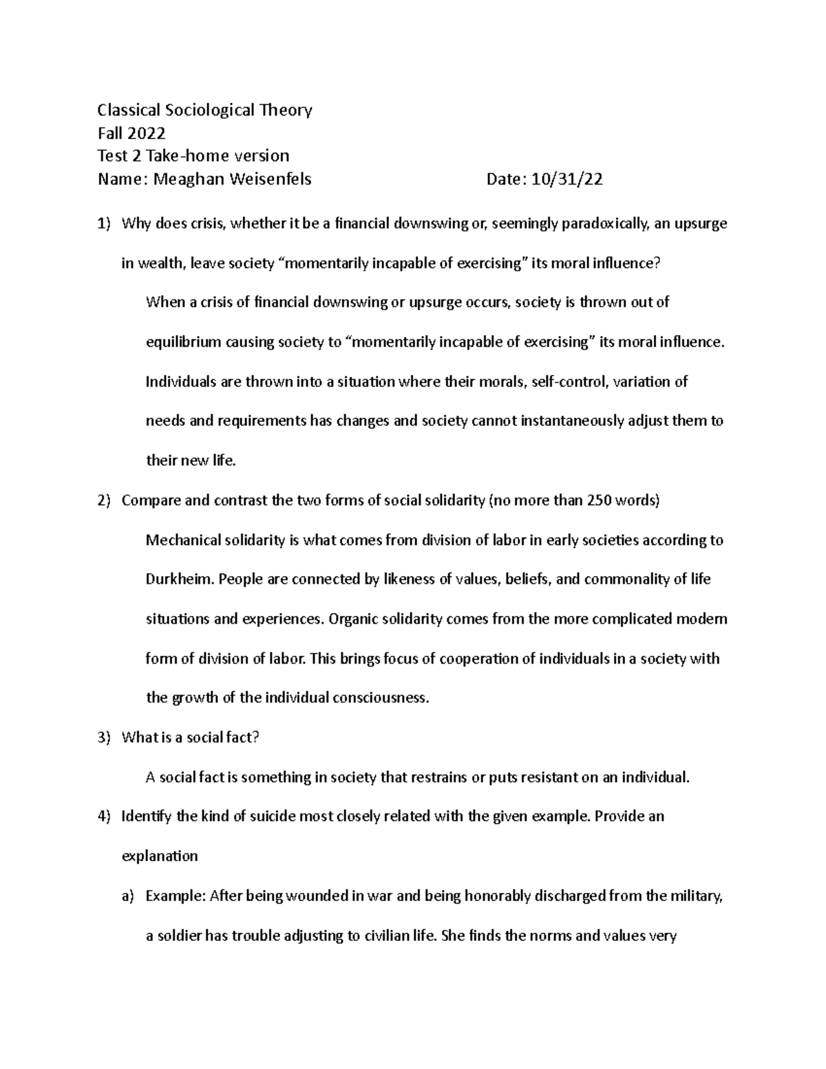 SOCI 455 Test 2 Take Home - Classical Sociological Theory Fall 2022 ...