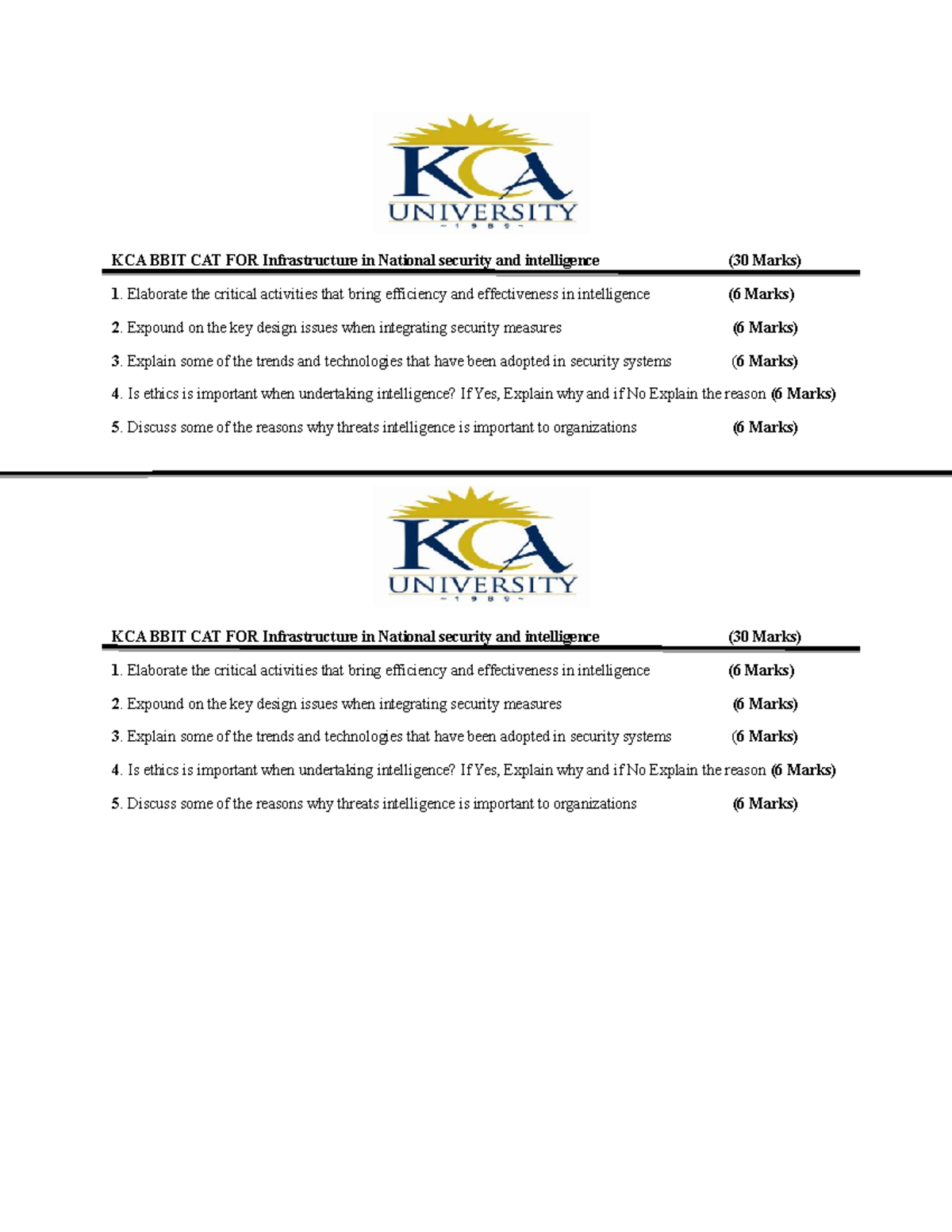 KCA Intelligence CAT 1 - N/A - KCA BBIT CAT FOR Infrastructure in National security and ...