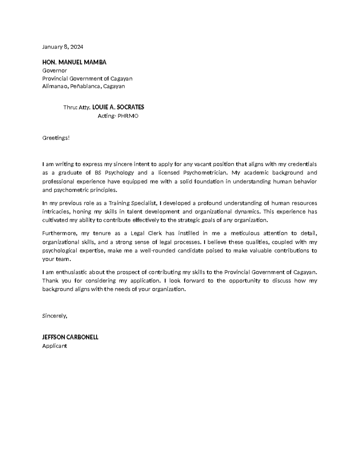 Intent - January 8, 2024 HON. MANUEL MAMBA Governor Provincial ...