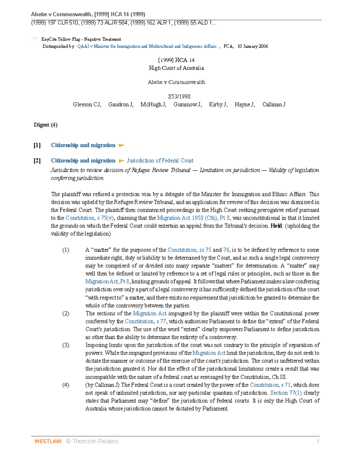 Abebe v Commonwealth - Law - (1999) 197 CLR 510, (1999) 73 ALJR 584 ...