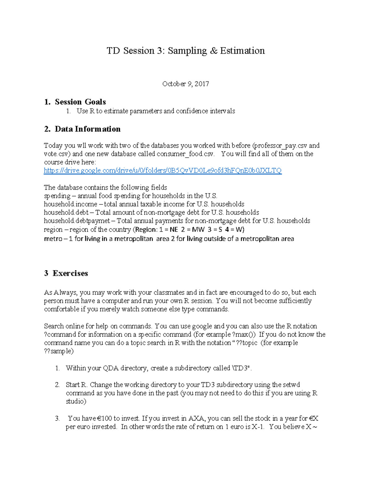 TD Session 3 Solution Set - TD Session 3: Sampling & Estimation October ...
