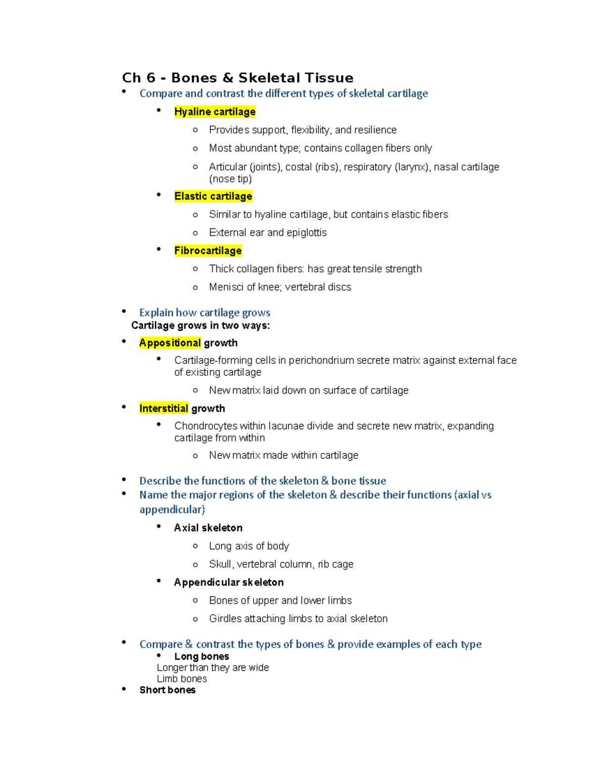 AP1 Bones & Skeletal Tissue - Ch 6 - Bones & Skeletal Tissue Compare ...