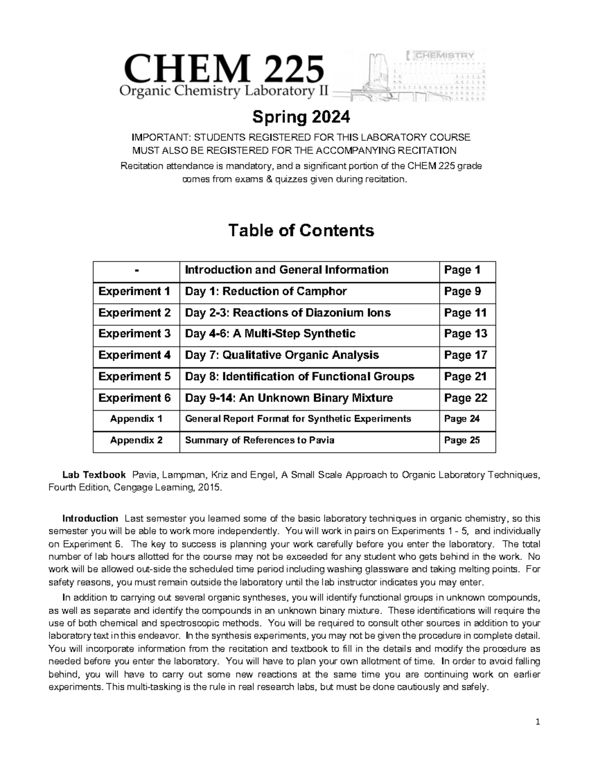 CHEM 225 Lab Manual F24 - Spring 2024 IMPORTANT: STUDENTS REGISTERED ...