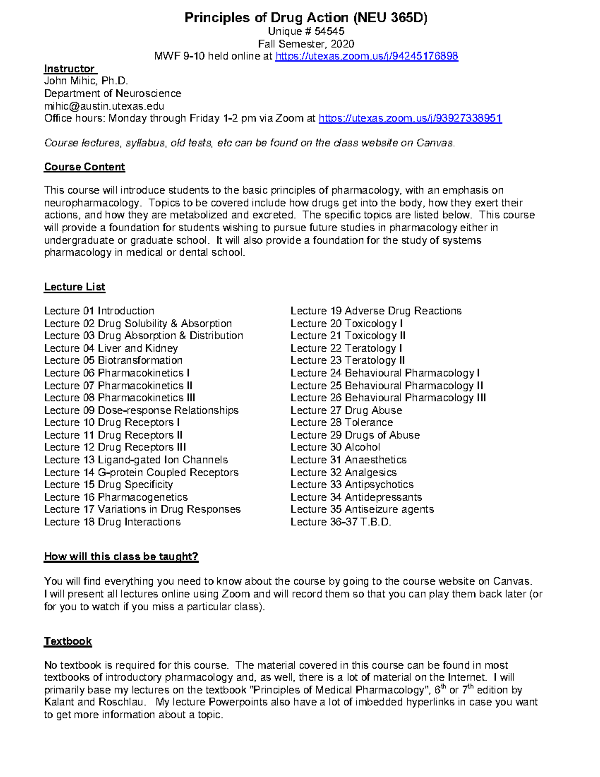 Po DA fall 2020 syllabus - 54545 - Principles of Drug Action (NEU 365D ...