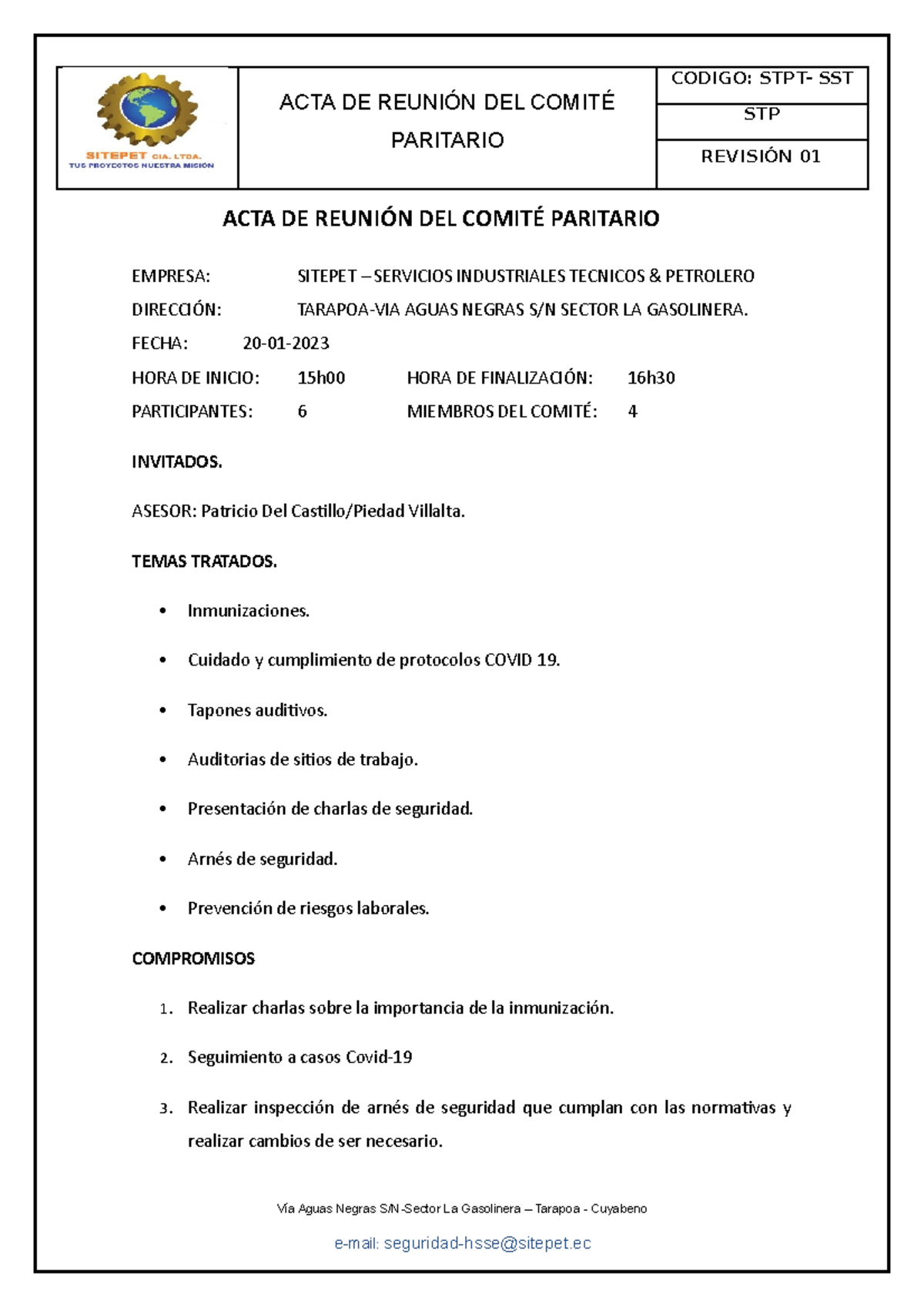 1. Actas Comite Paritario 2023 - ACTA DE REUNIÓN DEL COMITÉ PARITARIO ...