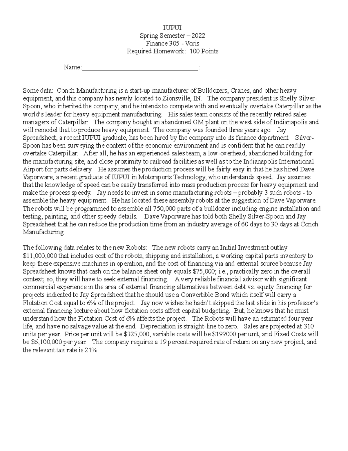 Conch Case.Spring 2021 - IUPUI Spring Semester – 2022 Finance 305 ...