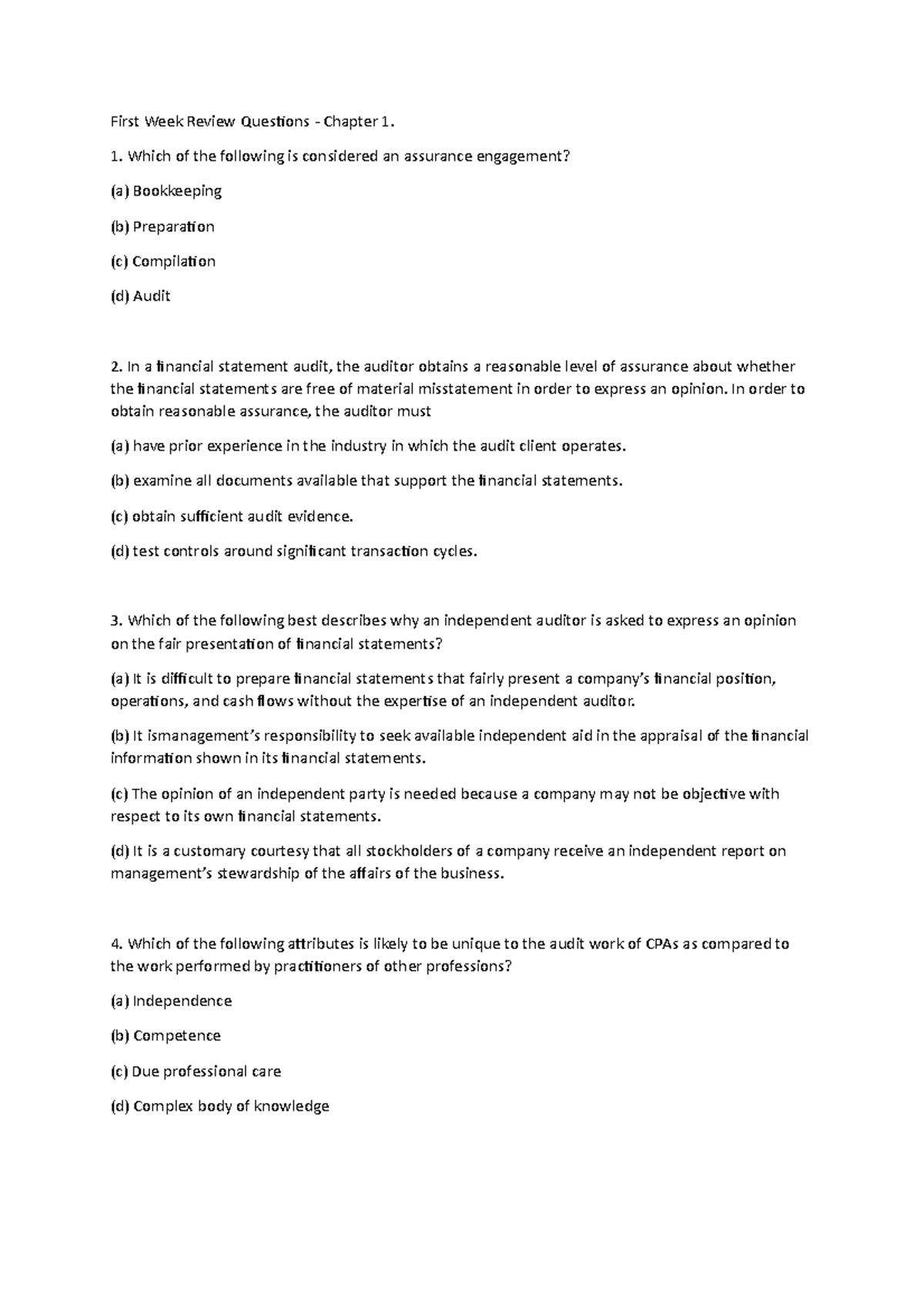 First week review questions chapter 1 - Auditing - Studocu