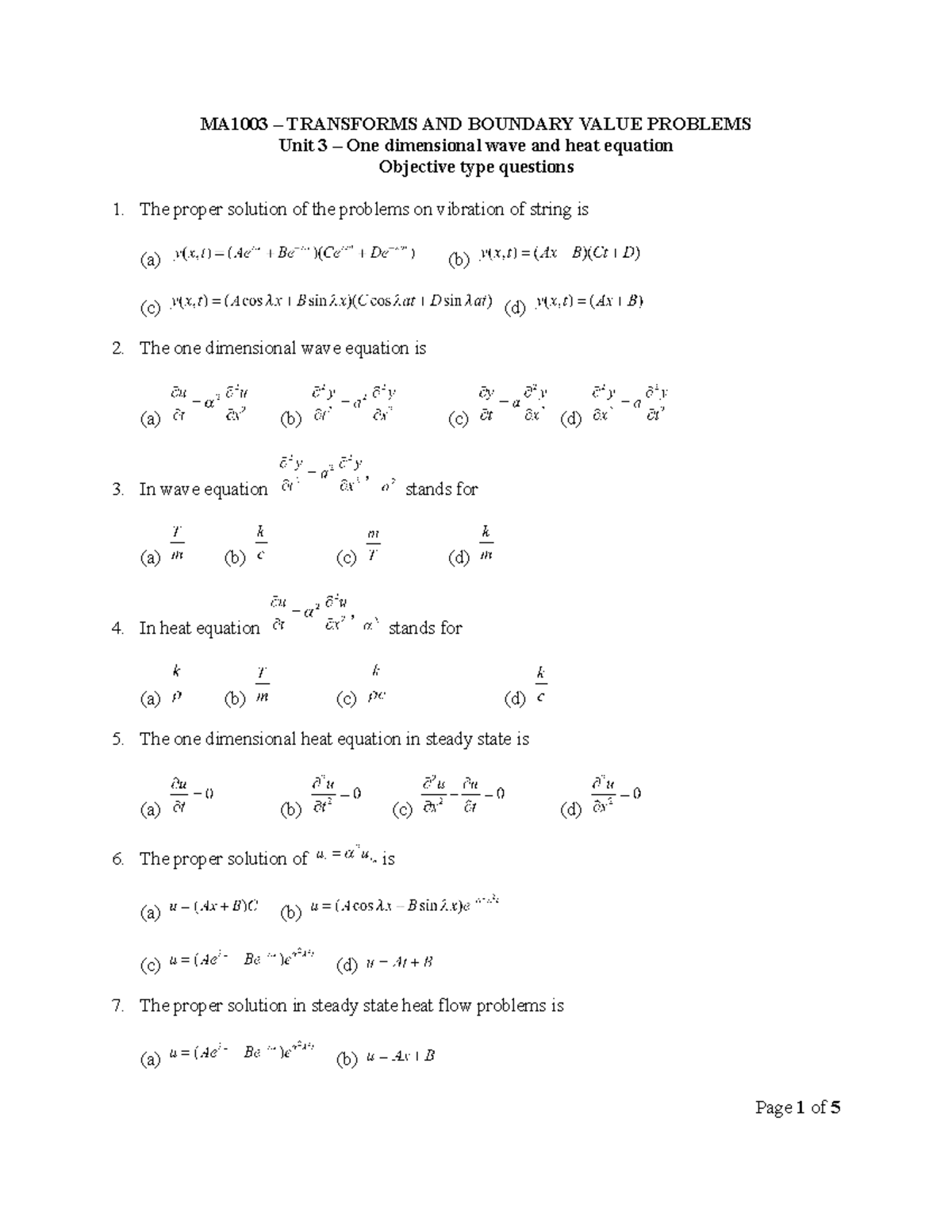 Unit3 - MA1003 – TRANSFORMS AND BOUNDARY VALUE PROBLEMS Unit 3 – One dimensional wave and heat ...
