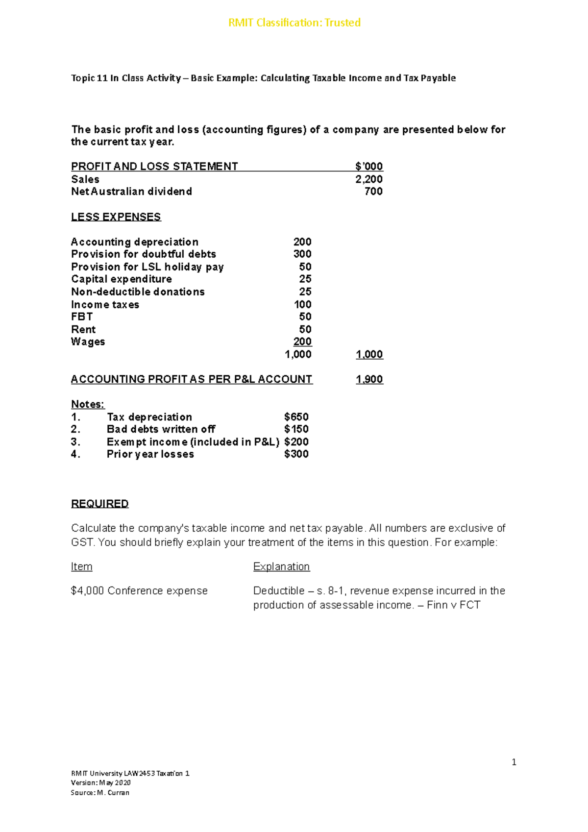 Topic 11 In Class Activity - Basic Example - Calculating Taxable Income ...