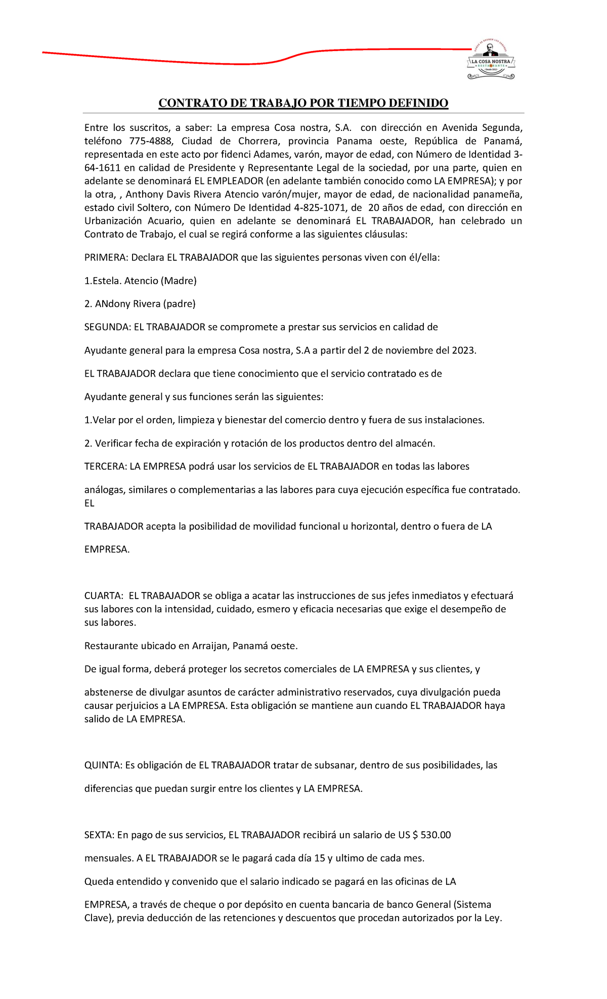 Contrato de trabajo definido 1 - CONTRATO DE TRABAJO POR TIEMPO ...