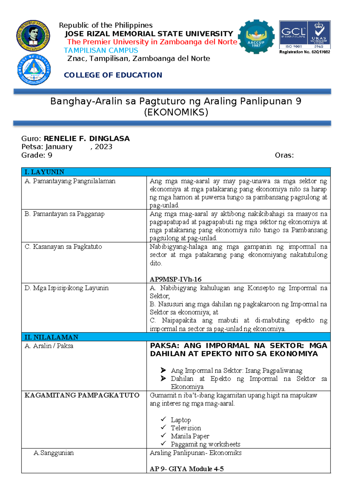 Lesson Plan for Demo Teaching - Republic of the Philippines JOSE RIZAL ...