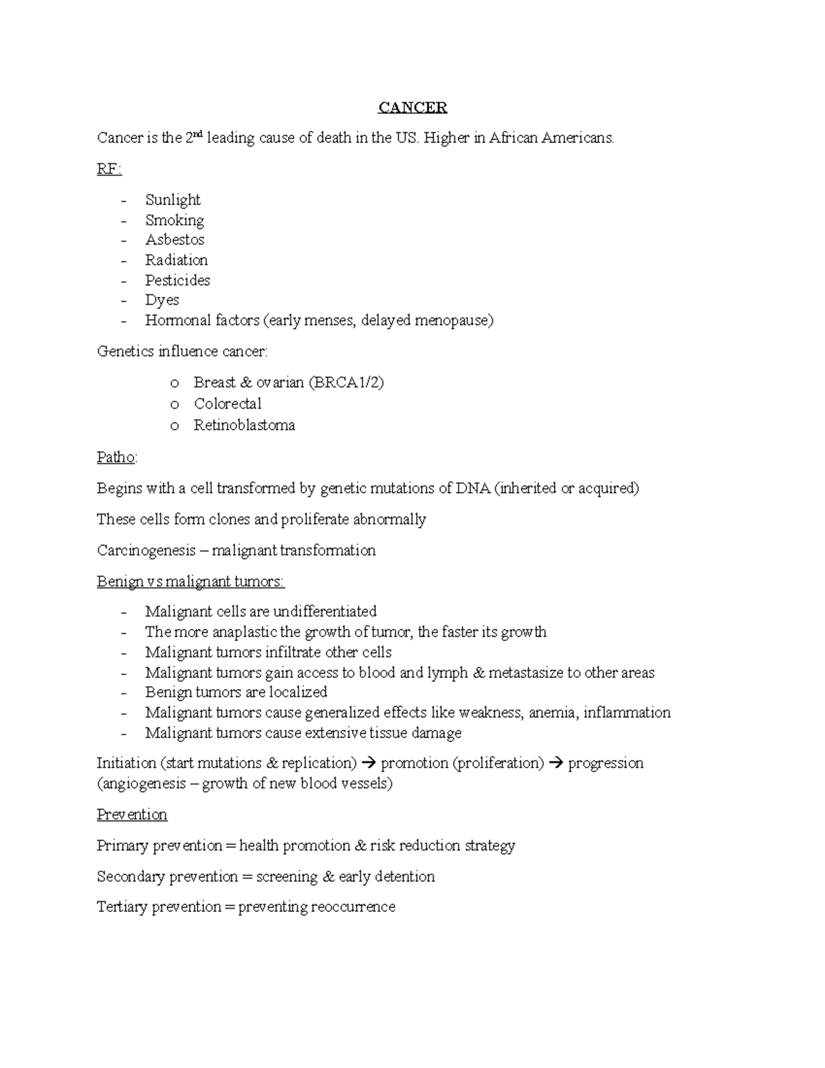 Cancer - notes - CANCER Cancer is the 2nd leading cause of death in the ...