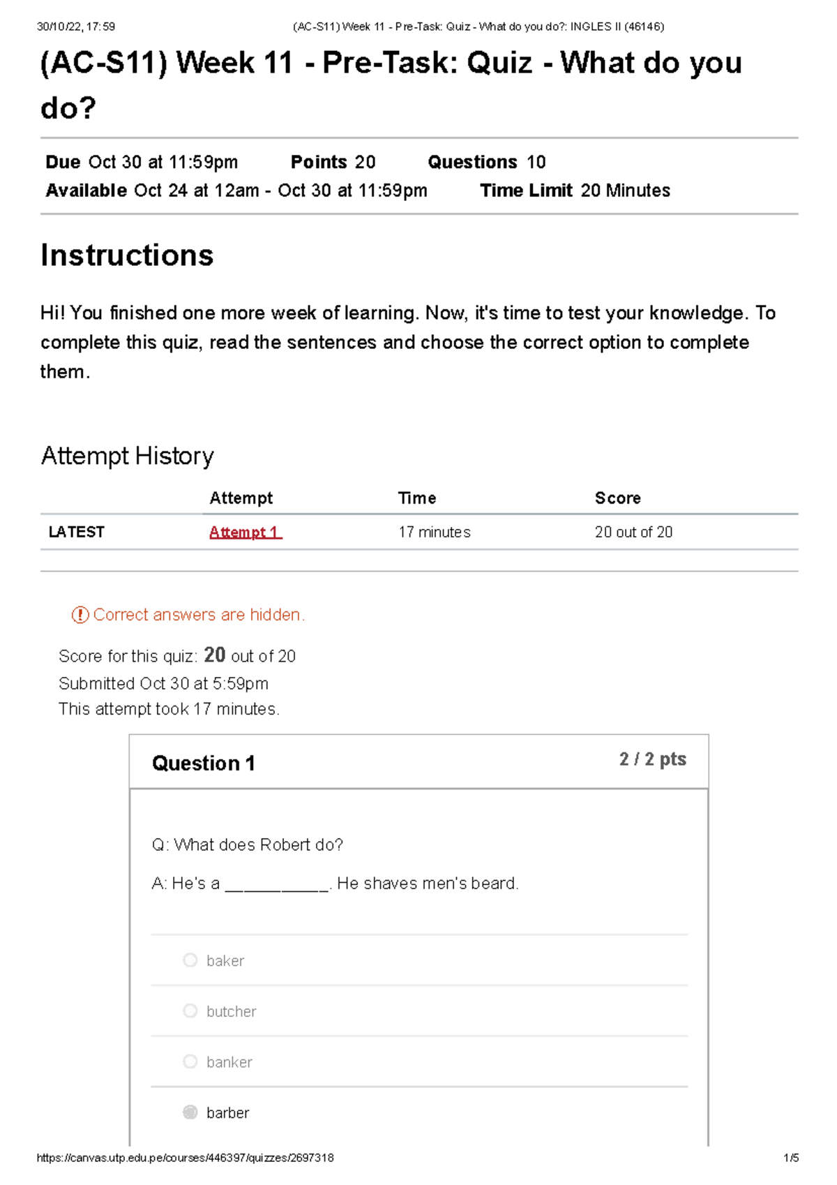 (AC-S11) Week 11 - Pre-Task Quiz - What do you do Ingles II (46146) - (AC-S11) Week 11 - Pre ...