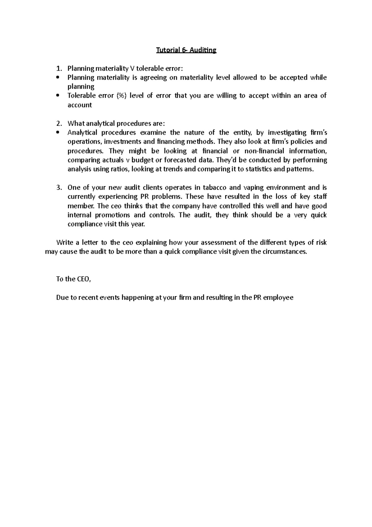 Tutorial 6- Auditing - Tutorial 6- Auditing Planning materiality V ...