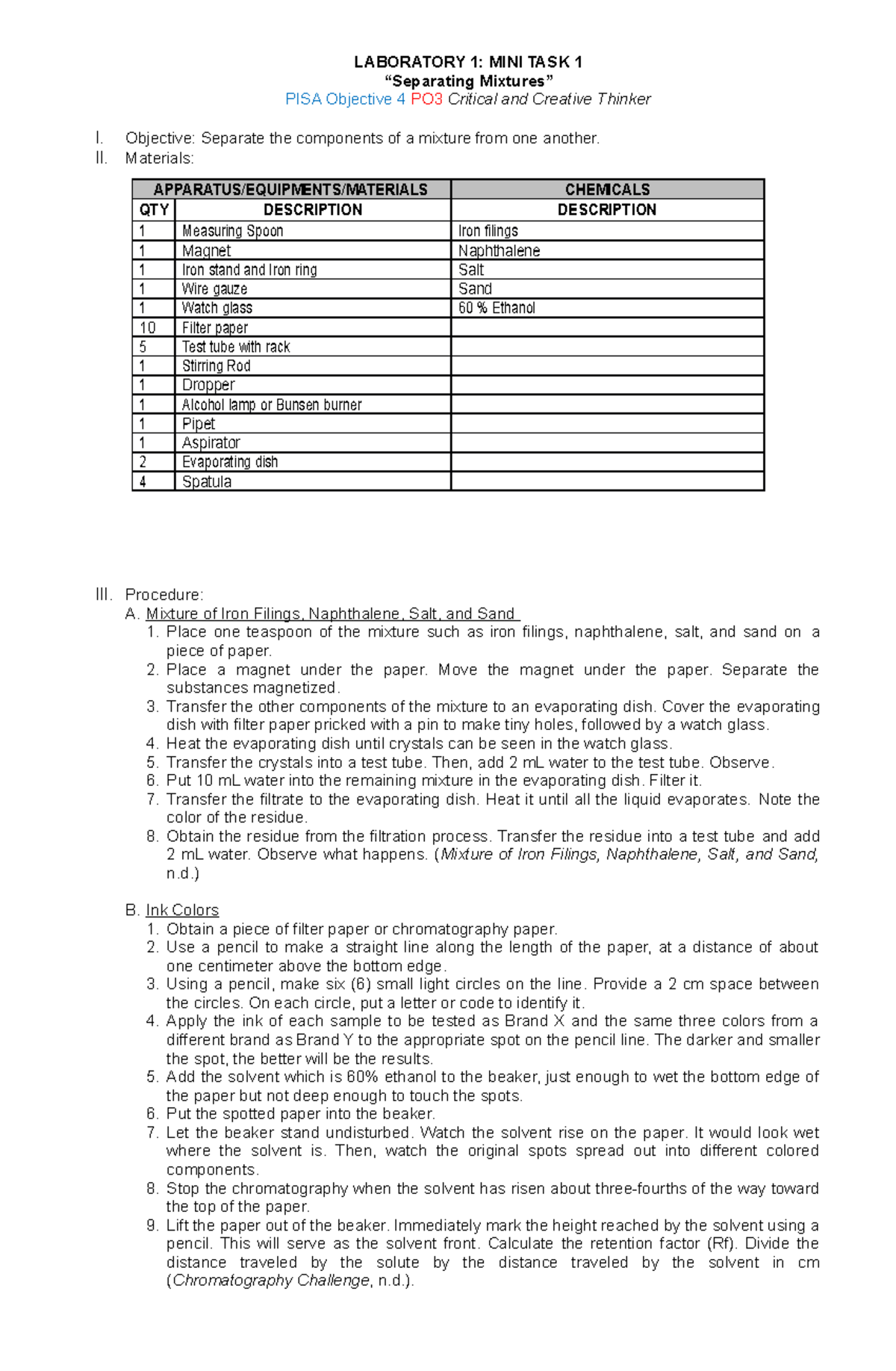 LAB 1 2 and 3 Chemistry 1 2324 1S1Q - LABORATORY 1: MINI TASK 1 ...