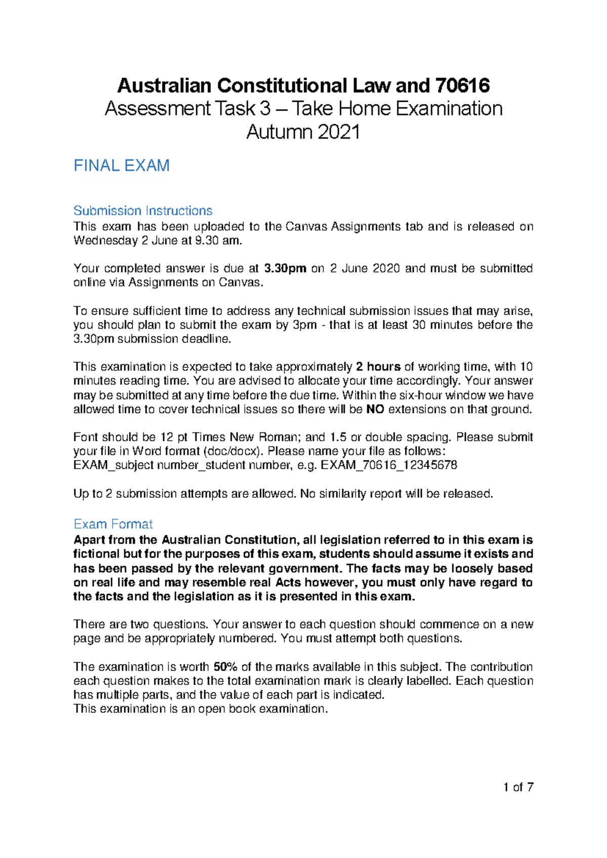 2021 exam paper - Australian Constitutional Law and 70616 Assessment ...