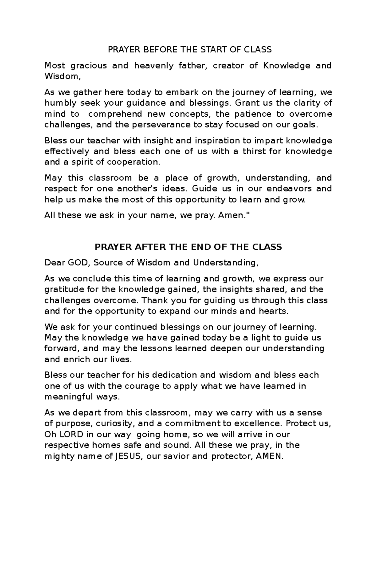 Prayer before and after the class - PRAYER BEFORE THE START OF CLASS ...
