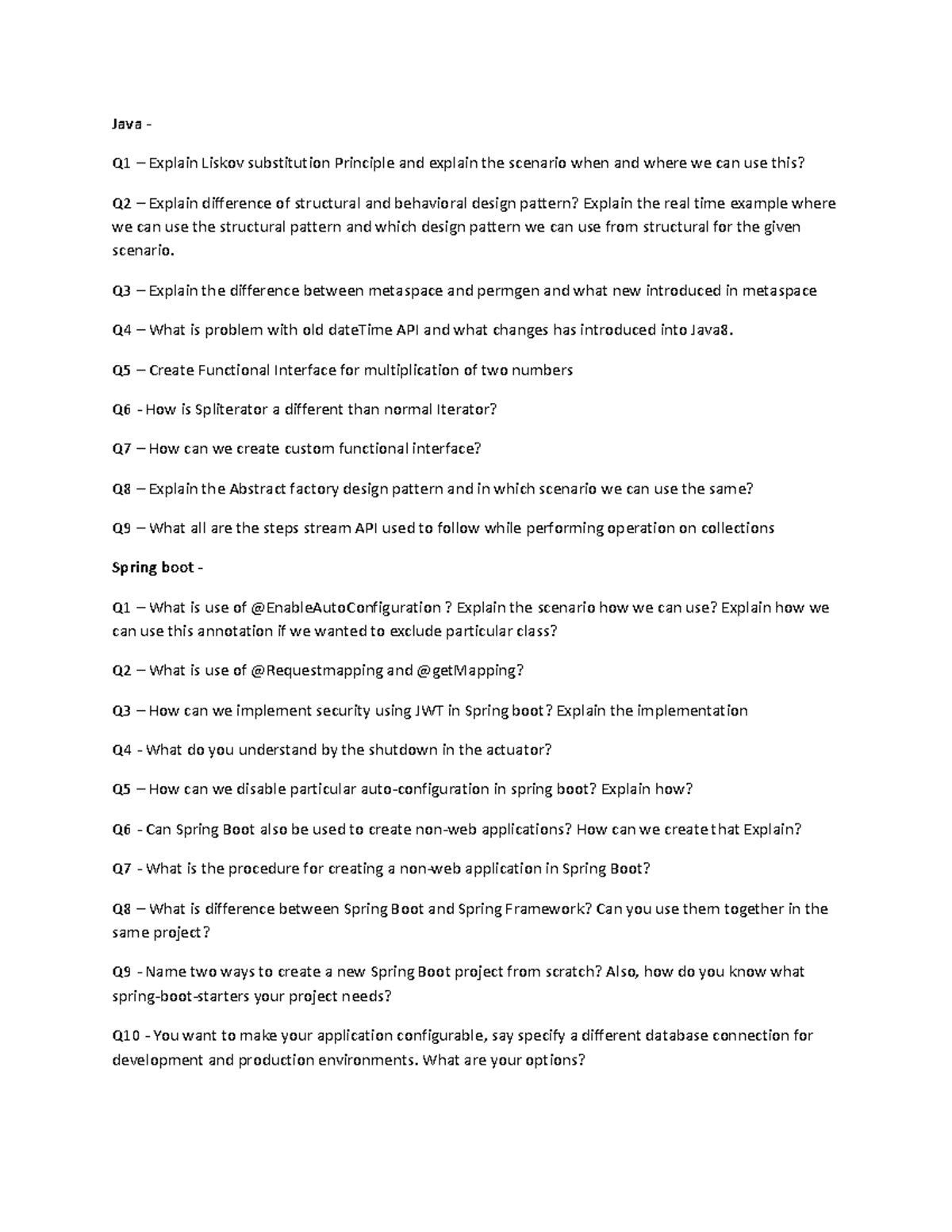 Questions - Java - Q1 – Explain Liskov substitution Principle and explain the scenario when and ...