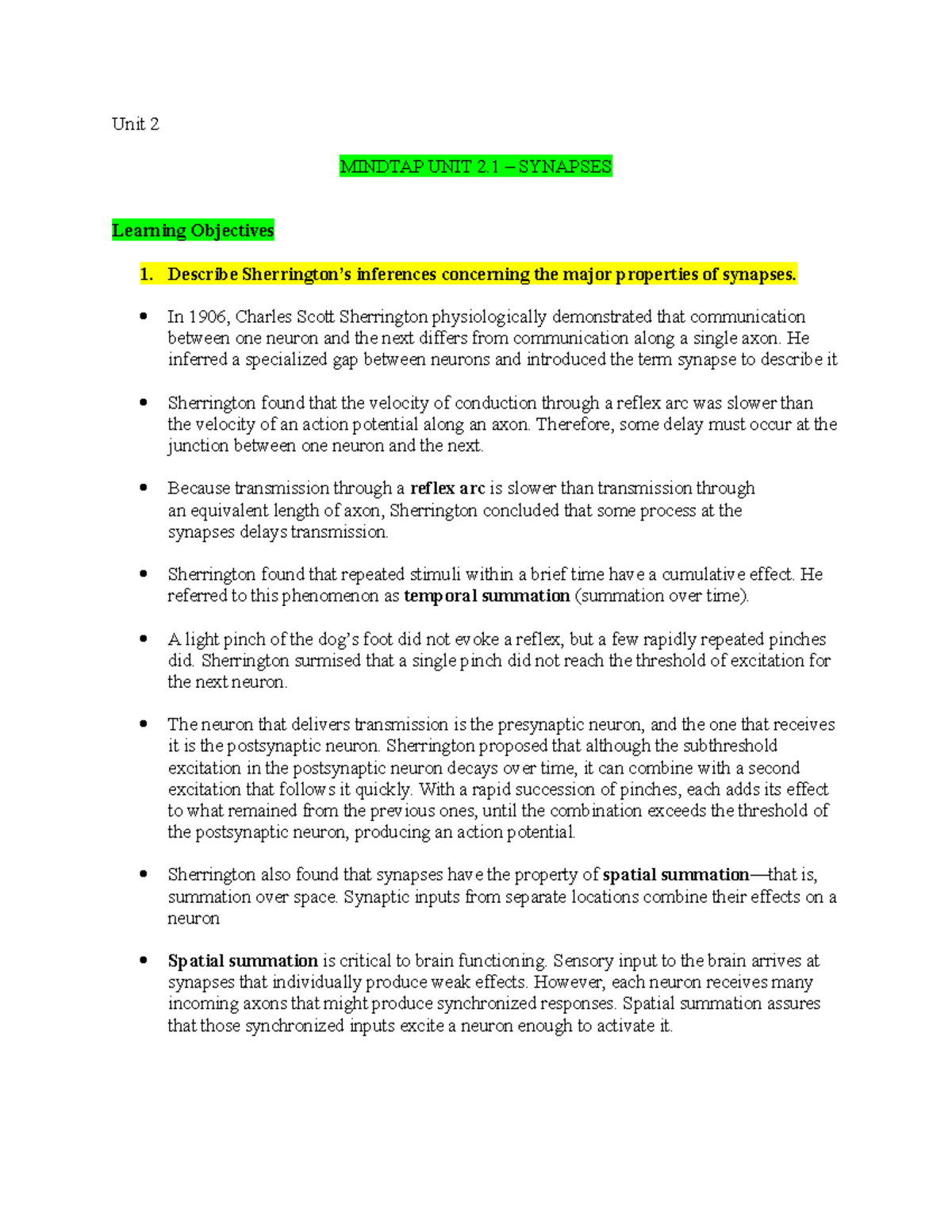 Module 2.1 Synapses - Unit 2 MINDTAP UNIT 2 – SYNAPSES Learning ...