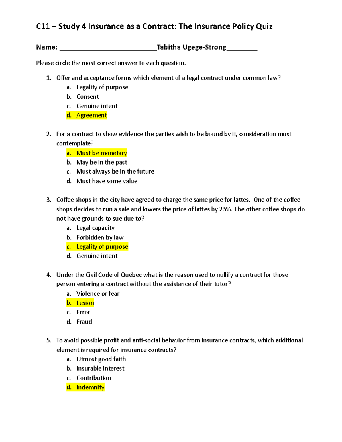 C11 2021 Chpt 4 Quiz - c11 principle of insurance - C11 – Study 4 ...
