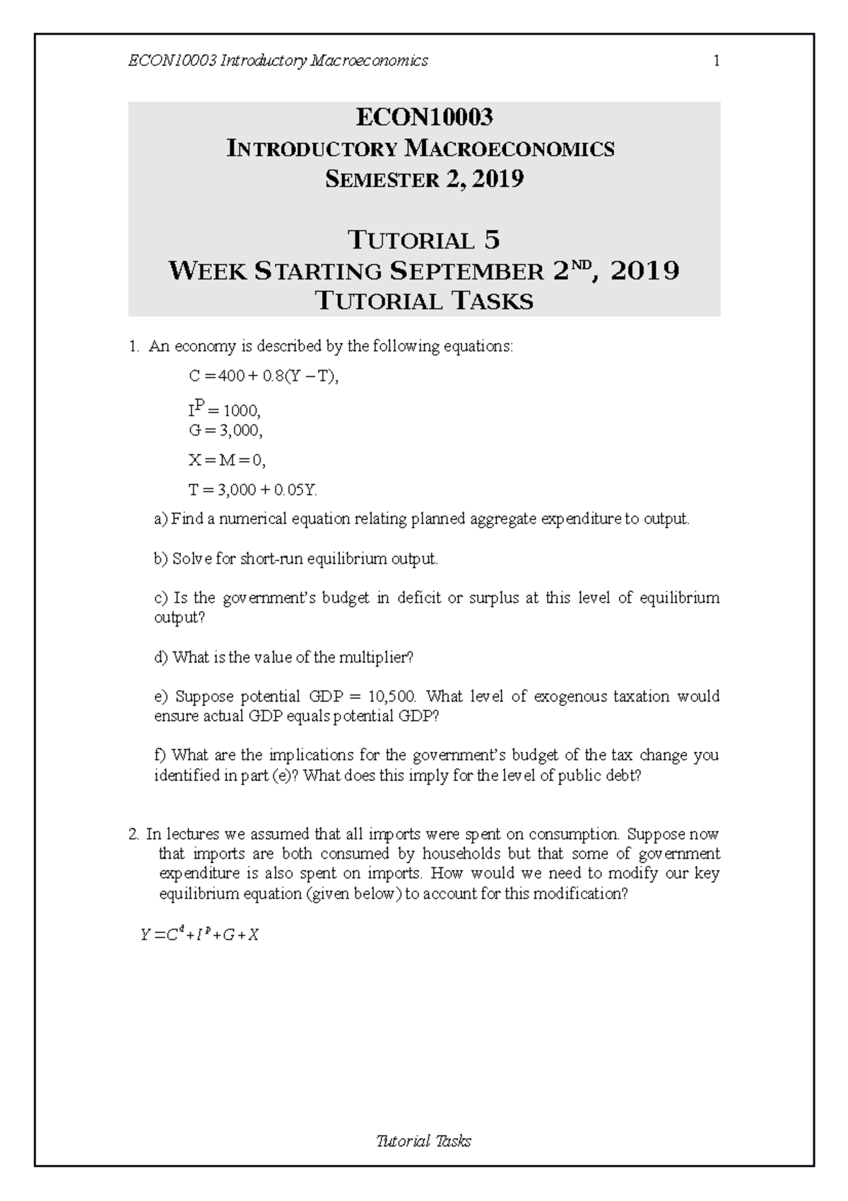T5 Intutorial 2019 - Econ10003 - ECON10003 Introductory Macroeconomics ECON INTRODUCTORY - Studocu