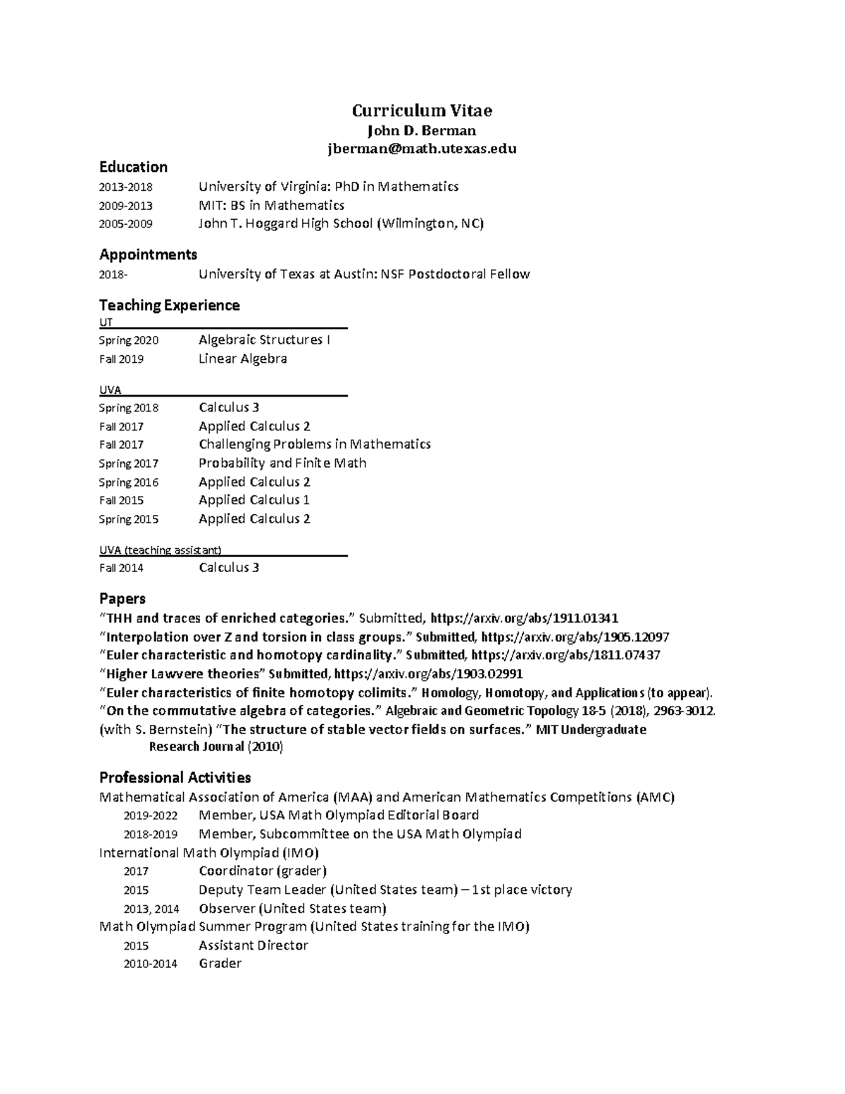 Berman cv - really great cv - Curriculum Vitae John D. Berman jberman ...