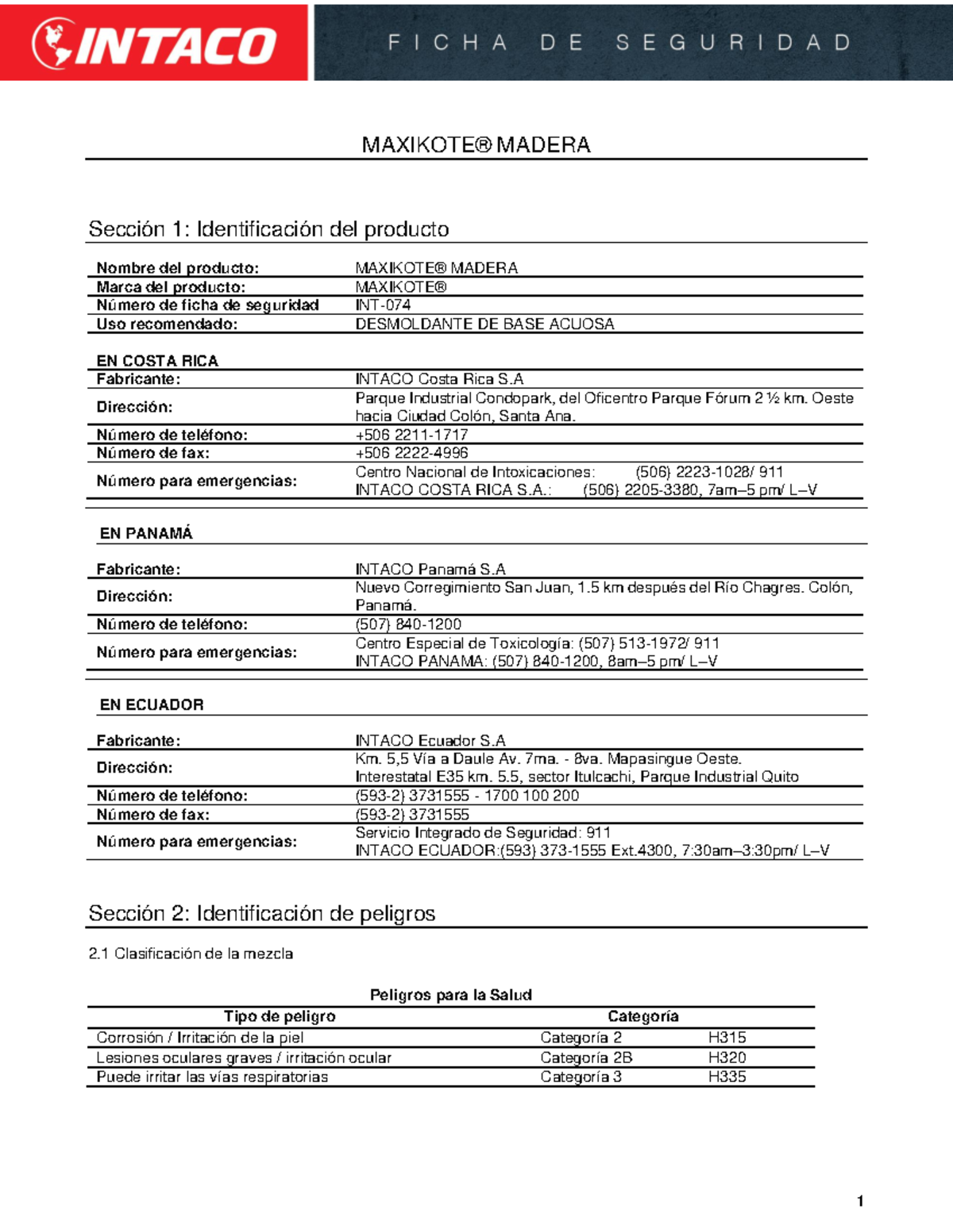 Q10 HOJA Seguridad - Maxikote Madera - Intaco - MAXIKOTE® MADERA ...