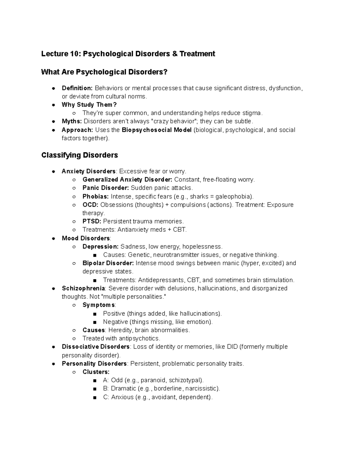 Short Summary of Lecture 10 Psychological Disorders & Treatment ...