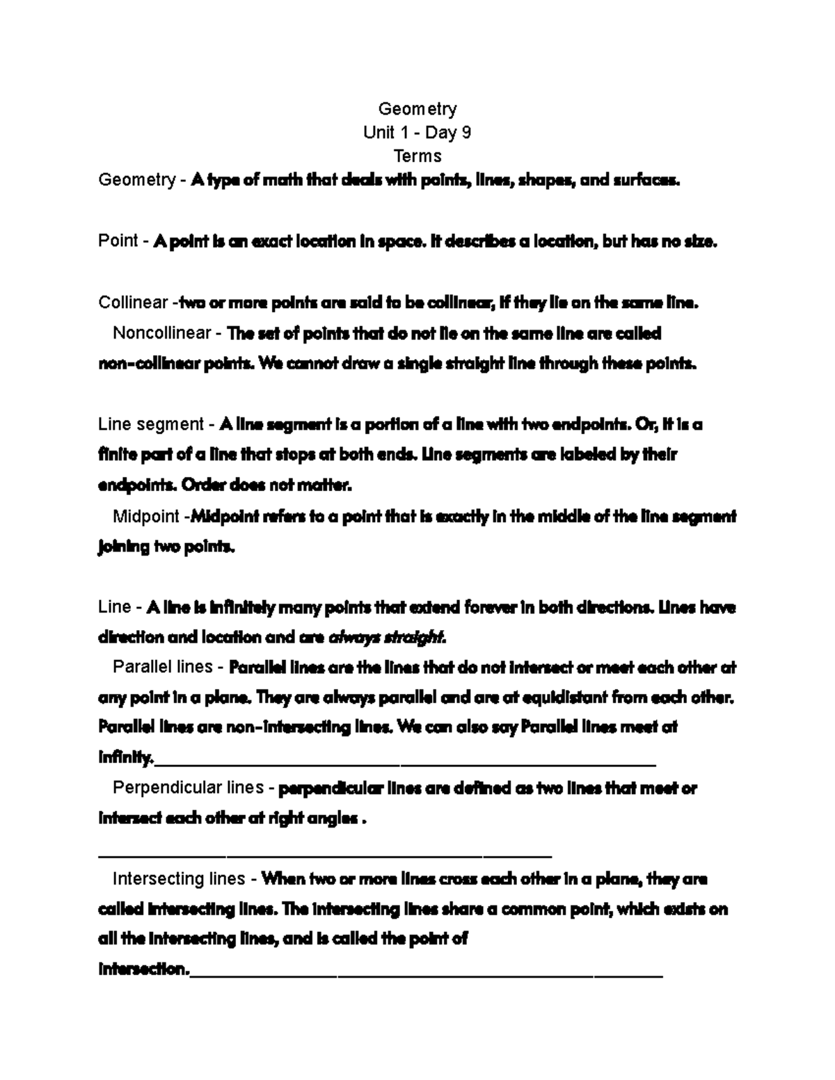 Copy of Geom-U1-D9-Terms - Geometry Unit 1 - Day 9 Terms Geometry - A ...