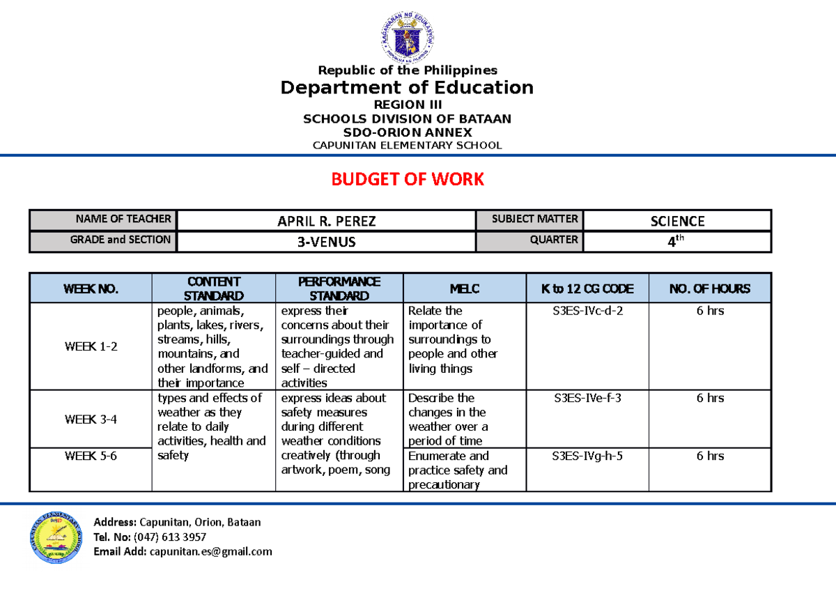 Science - budget of work - Republic of the Philippines Department of ...
