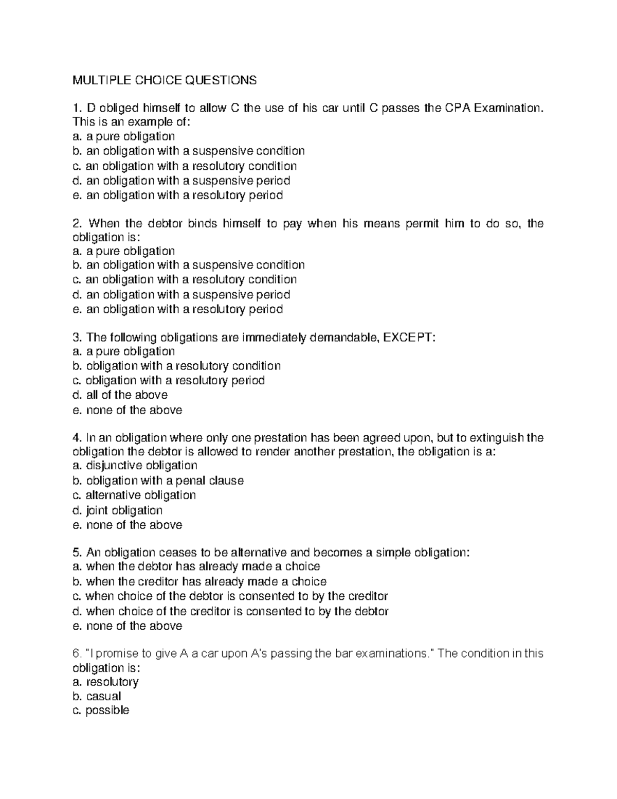 Midterm-Exam-1 - LAW - MULTIPLE CHOICE QUESTIONS D obliged himself to ...