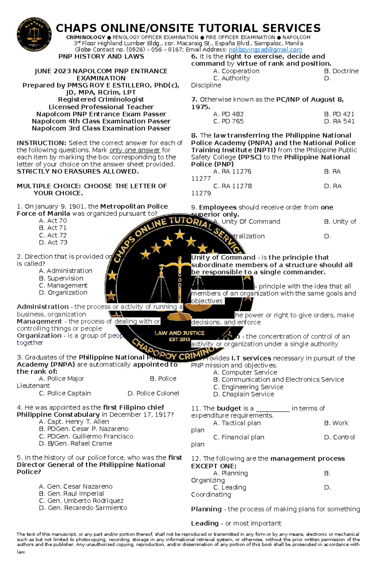 PNP History&law question - CRIMINOLOGY PENOLOGY OFFICER EXAMINATION ...