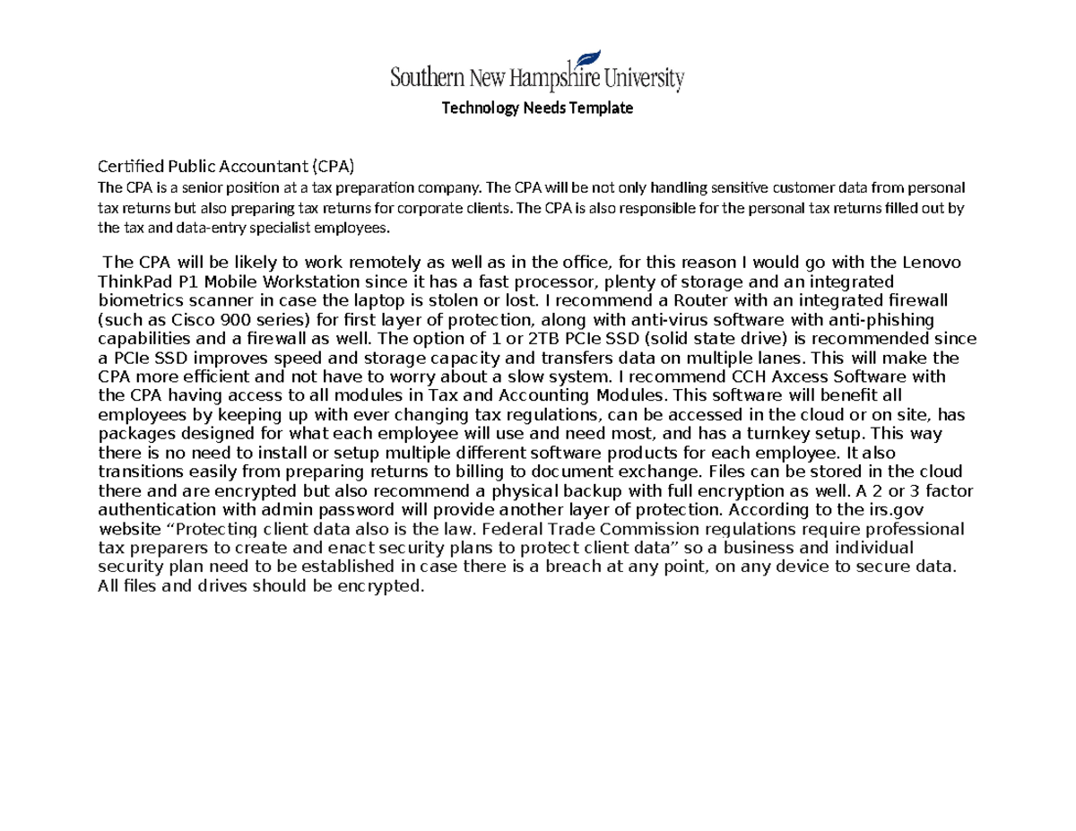 IT Project 1 Module 5 - Technology Needs Template Certified Public ...