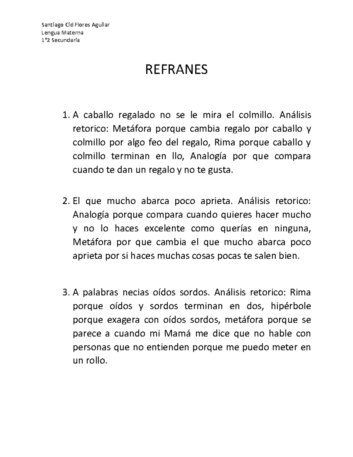 Refranes - Santiago Cid Flores Aguilar Lengua Materna 1°2 Secundaria ...